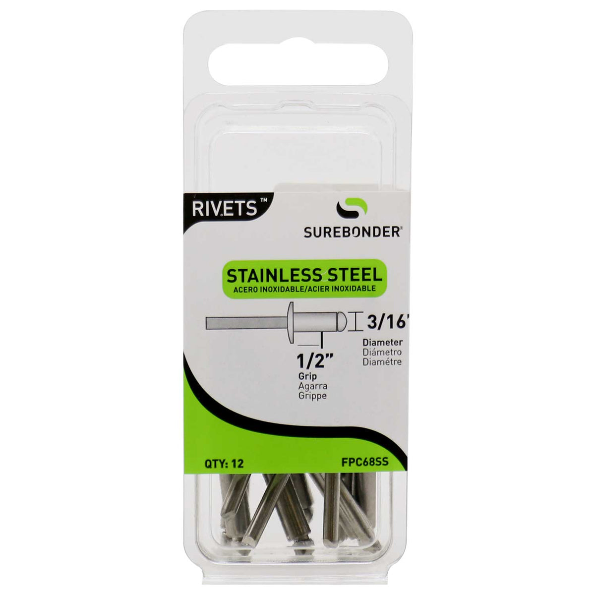 3/16" Dia. x 1/2" Grip Stainless Steel Blind Rivets - 12 Pack | Surebonder